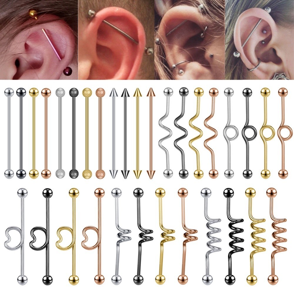 Jual 1 Pc 4 Color Stainless Steel Long Ear Studs Screw Barbell Stud 14G ...
