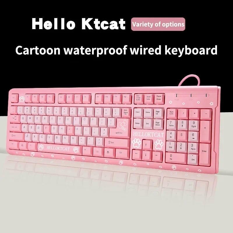 Jual Pink Cute 104 Wired Keyboard USB Ultra-thin Cartoon Cat Home ...