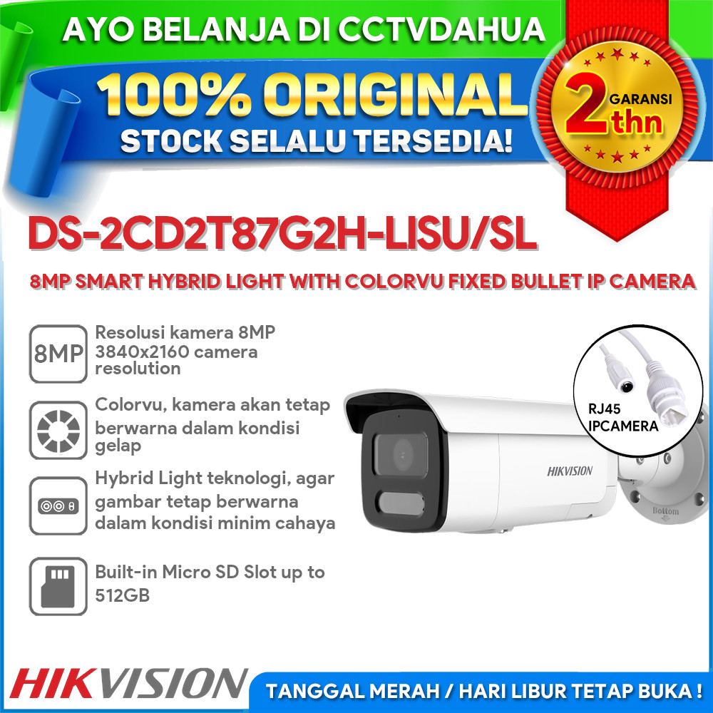 Jual HIKVISION DS-2CD2T87G2H-LISU/SL 8MP SMART HYBRID LIGHT COLORVU MICROSD UPTO 512GB BULLET IP ...