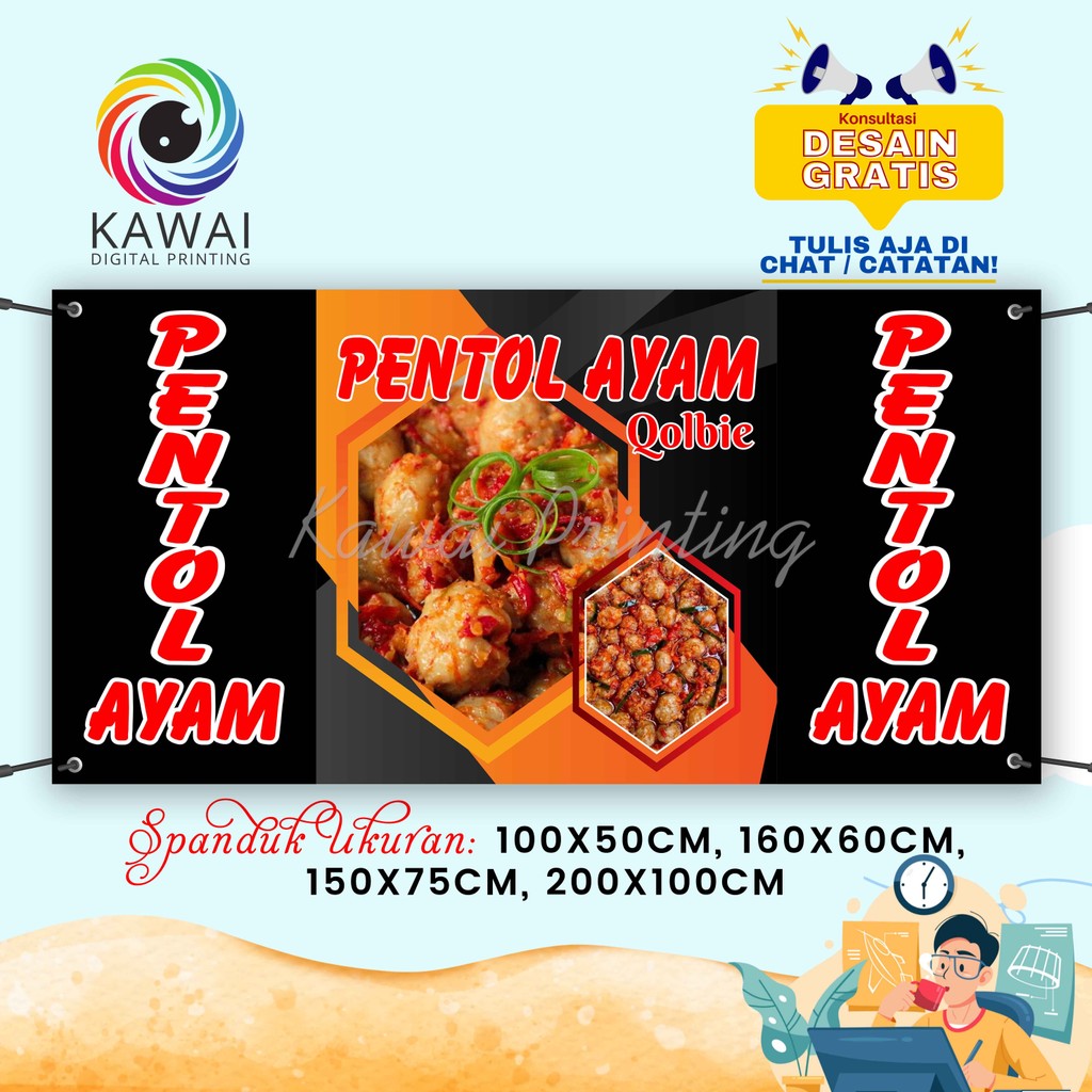 Jual Spanduk Banner MMT Jualan Pentol ayam Hitam Oren Rekuest 200x100 ...