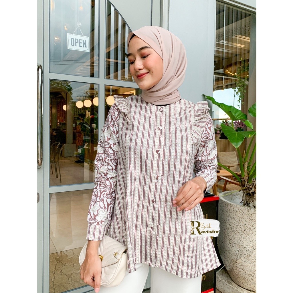 Jual Blouse Batik Kombinasi Bunga Bunga Salur/ BATIK NASIONAL / BATIK ...