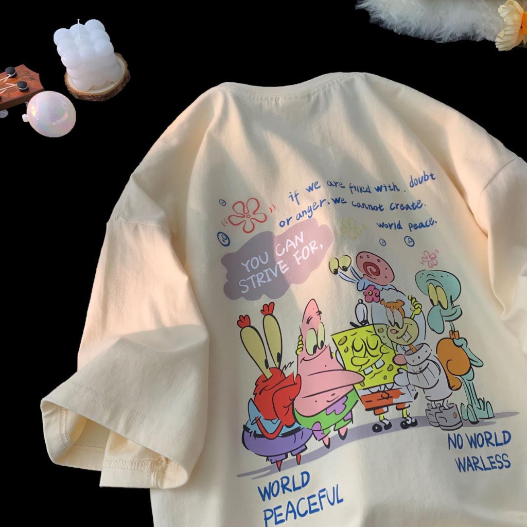Jual T-SHIRT WORLD PEACEFUL SPONGEBOB CARTOON LUCU | Shopee Indonesia