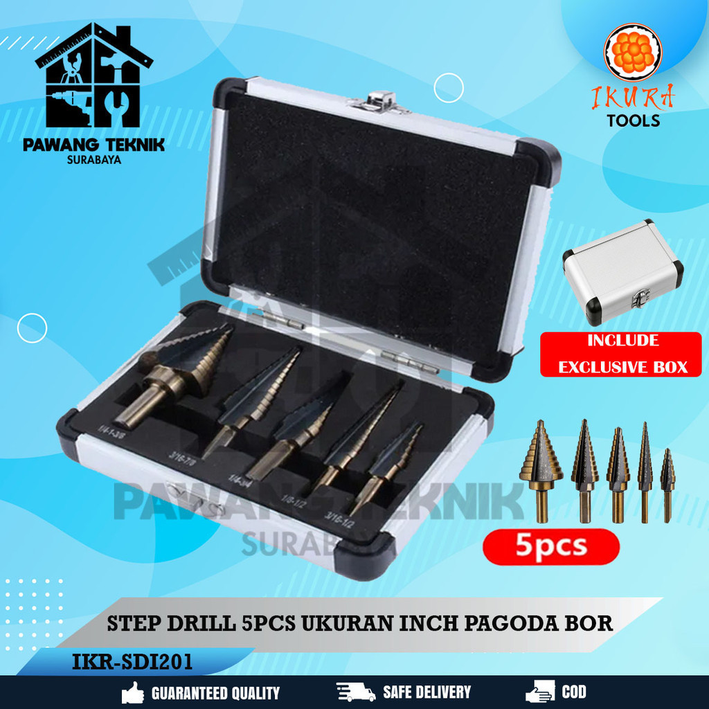 Jual Ikura Tools Step Drill 5pcs Ukuran Inch Mata Bor Pagoda Bor Spiral ...