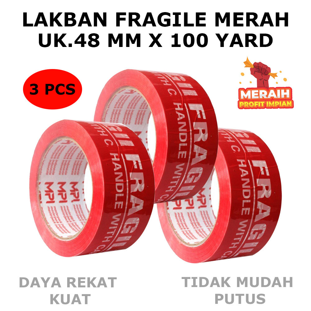 Jual 3 PCS - Lakban Fragile Merah 48 mm x 100 Yard - Handle With Care ...