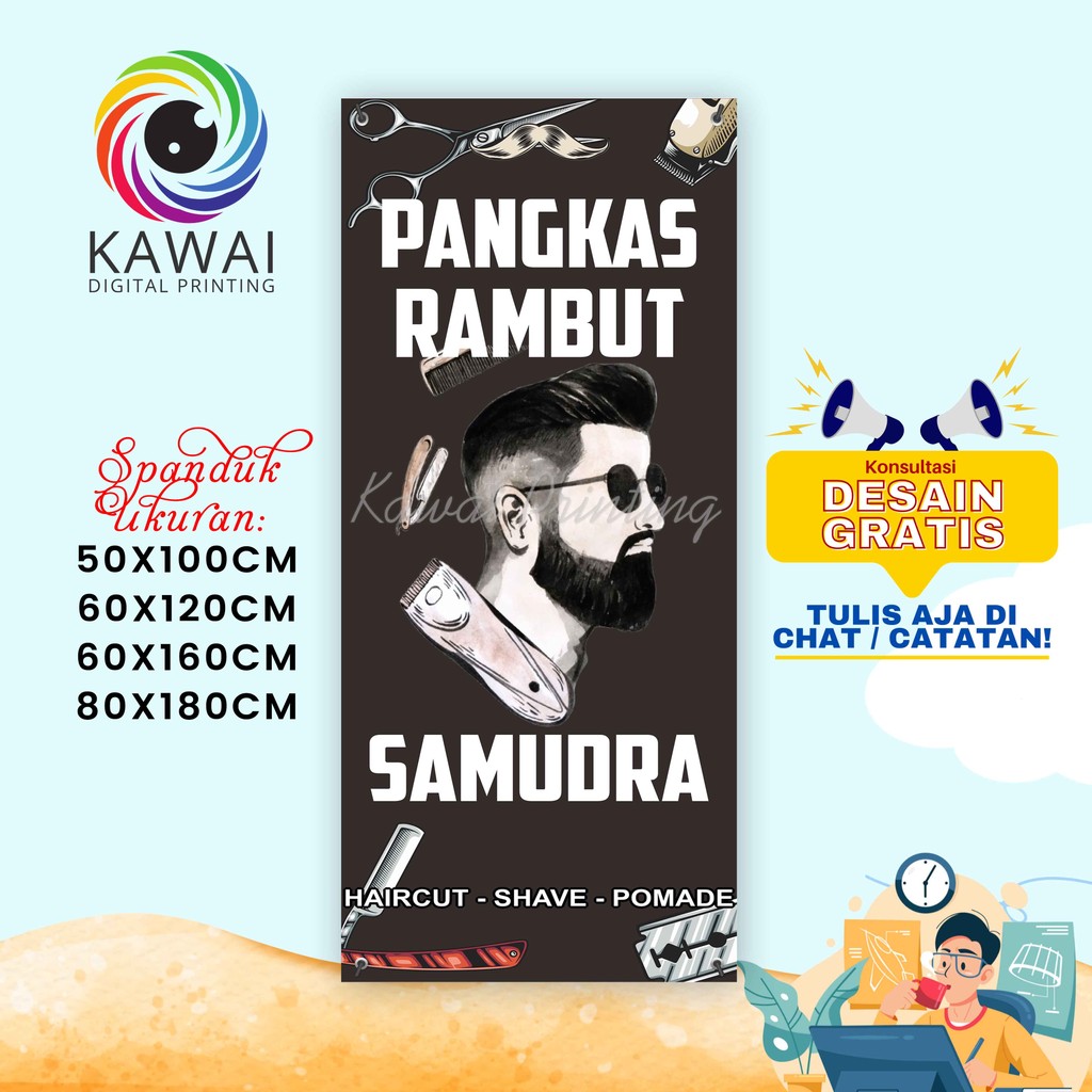 Jual Spanduk Banner MMT Desain Pangkas Rambut Background Hitam Ukuran ...