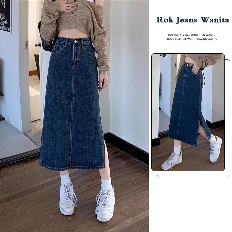 Jual | kekinian.factory | rok korean style rok jeans panjang 7/8 span ...