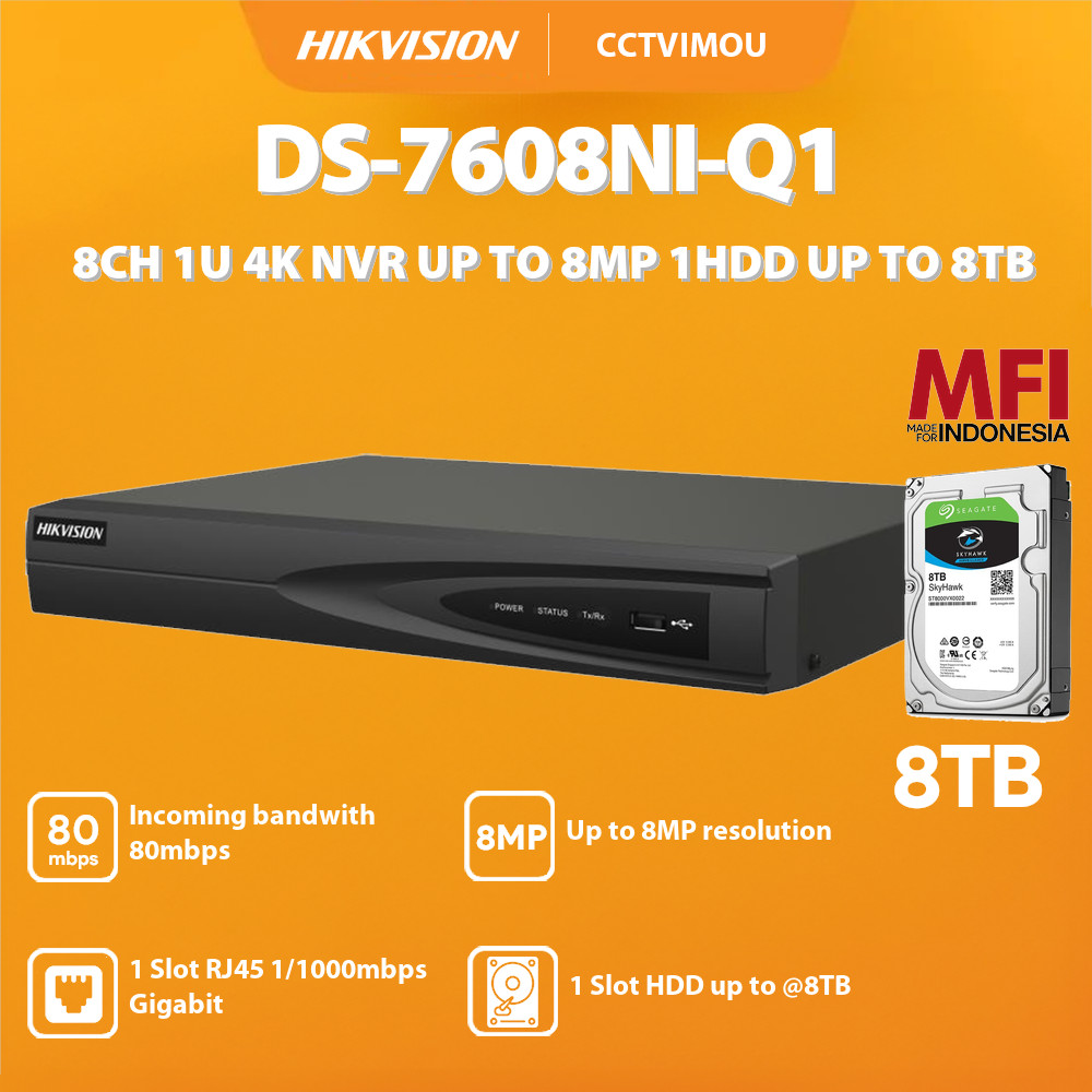 Jual HIKVISION DS-7608NI-Q1 8CH 1U 4K NVR UP TO 8MP 1HDD UP TO 8TB RESMI | Shopee Indonesia
