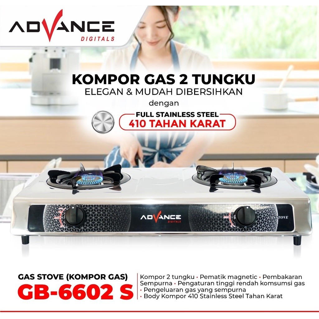 Jual Kompor Gas / LPG 2 Tungku Stanles steel Asli Advance GB6602S | Shopee Indonesia