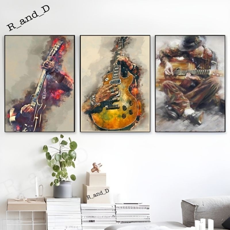 Jual Hiasan dinding kamar gambar gitar ukuran 47x31 bingkai kayu ...