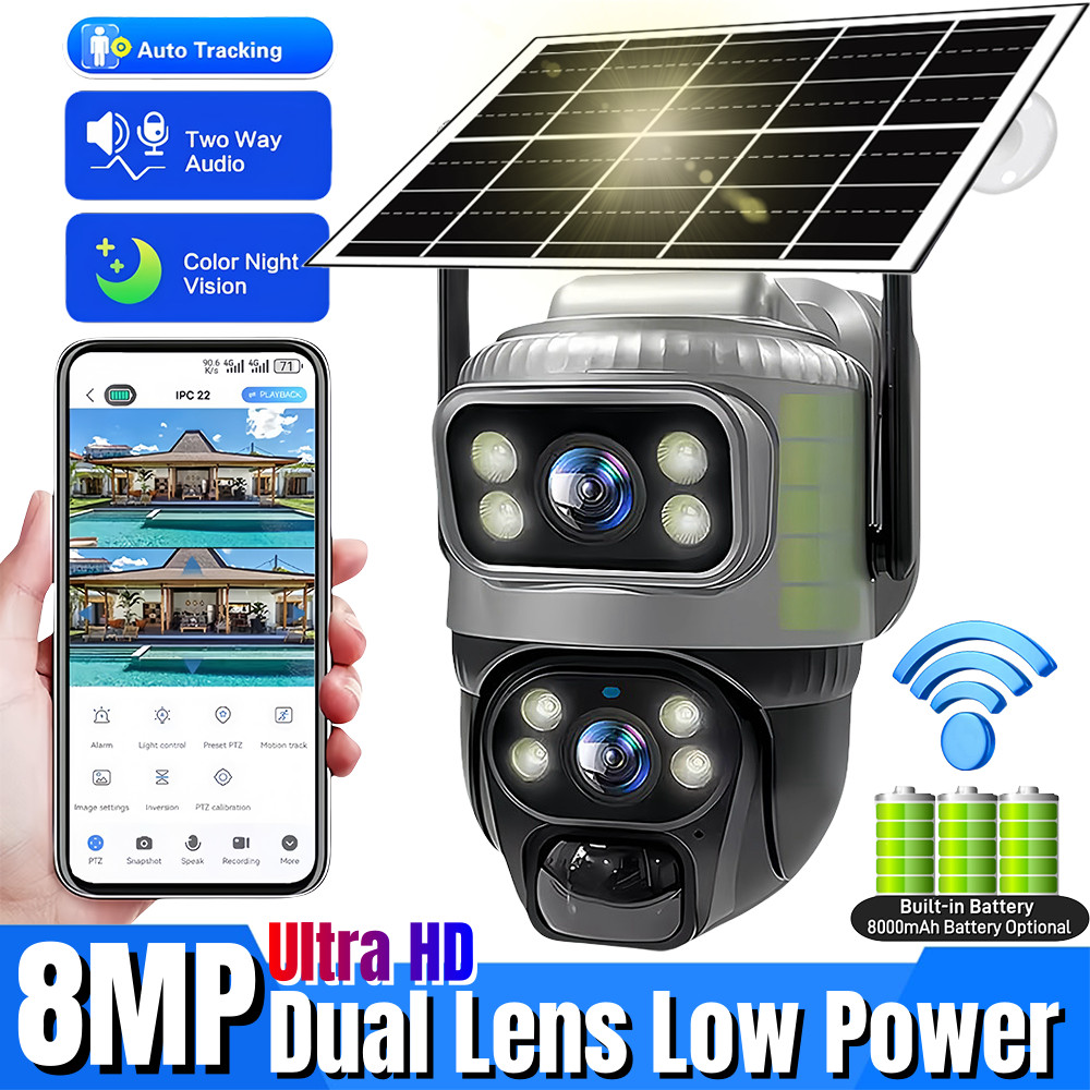 Jual 8MP 4K Wireless Solar Camera Outdoor Dual Lens Wifi IP Cameras PIR Night Vision V380 Pro ...