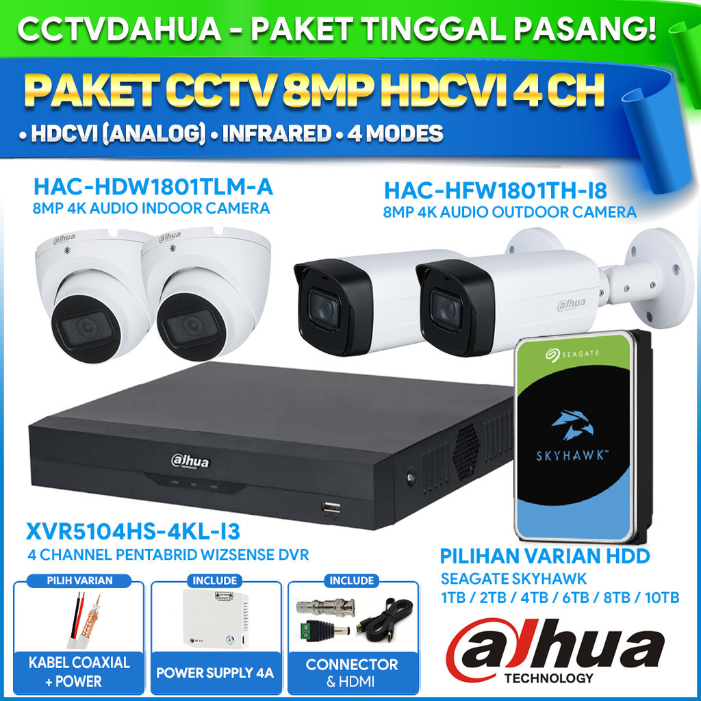 Jual PAKET CCTV HDCVI ANALOG DAHUA 4 CHANNEL 8MP 1801 4 KAMERA SIAP PASANG | Shopee Indonesia