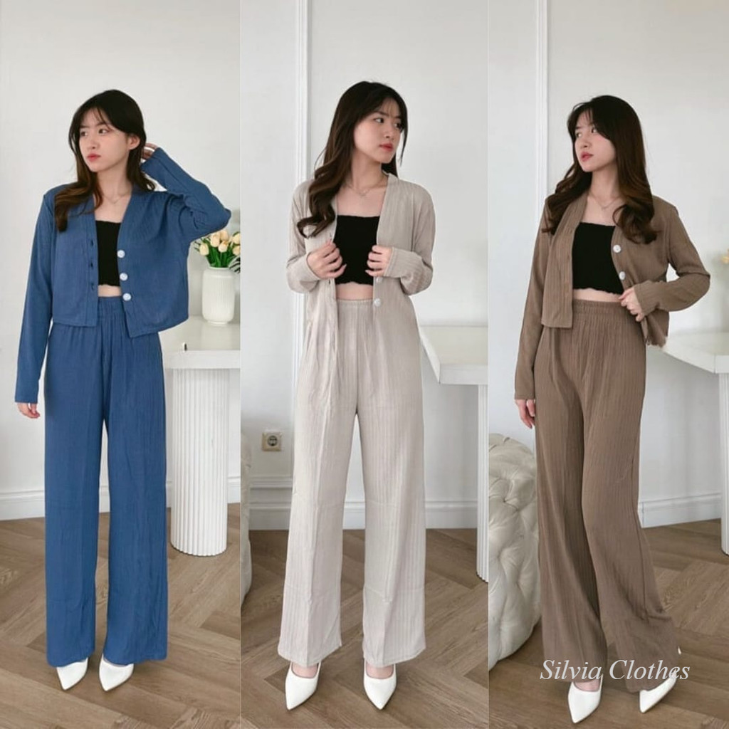 Jual SILVIA - Set Casey Premium Knit Hornet Setelan Baju Wanita Cardi ...