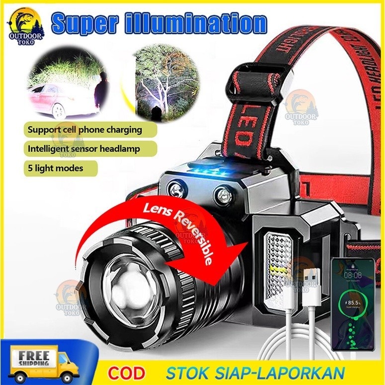 Jual Lampu Kepala LED Super Terang 5000 Lumen dengan Sensor Tangan USB ...