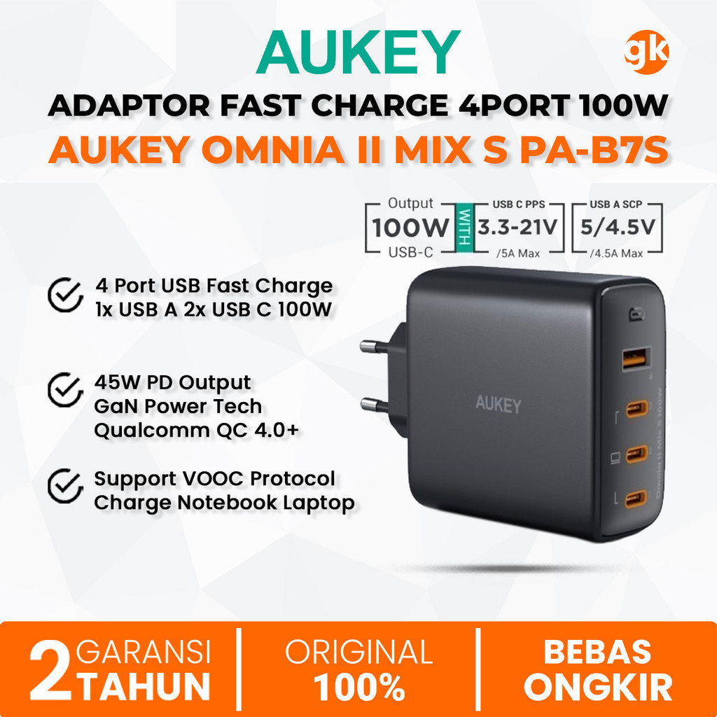 Jual AUKEY Omnia II Mix S Adaptor Charger 100W USB Type C GaN PD 4.0 VOOC Fast Charging 4 Port ...