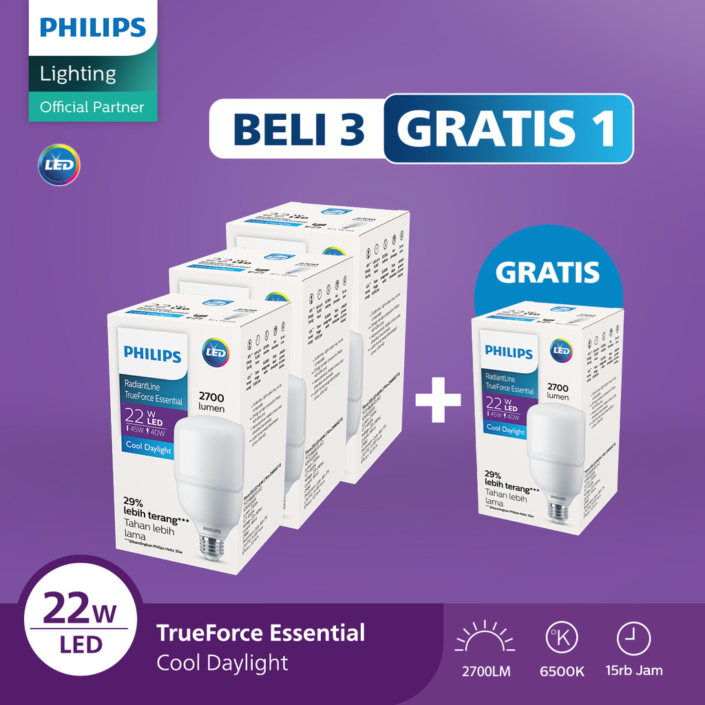 Jual Beli 3 Gratis 1 Lampu Philips Bohlam Radiantline TrueForce Essential 22W putih | Shopee ...
