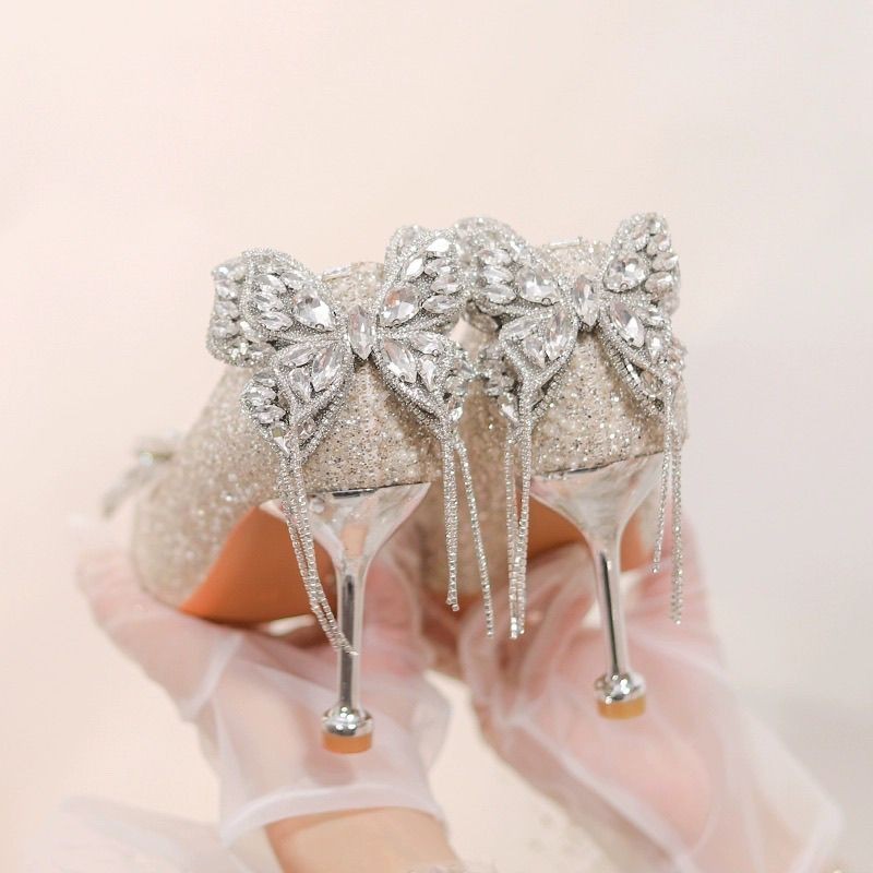 Jual Silver engagement stunning wedding shoes 2024 new spring and ...