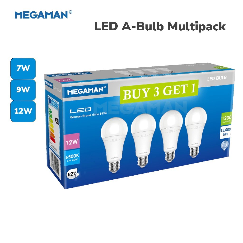 Jual Lampu LED A-Bulb Multipack MEGAMAN 7W/9W/12W E27 4PK 170-240V 6500K/Putih | Shopee Indonesia