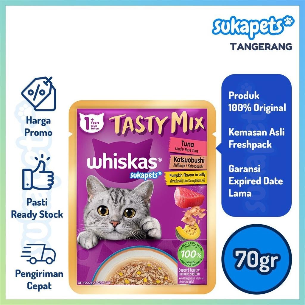 Jual Whiskas Tasty Mix Adult Tuna Katsuo Pumpkin Makanan Kucing 70gr ...