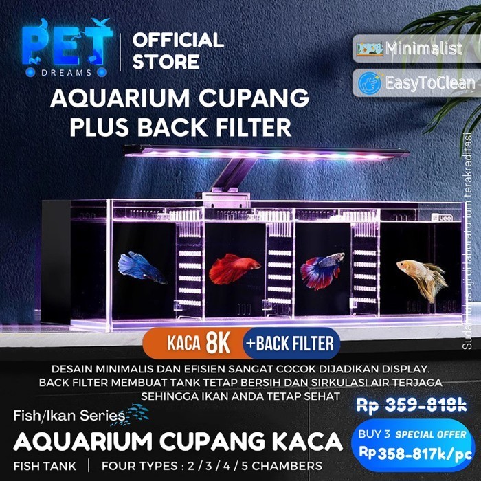 Jual Aquarium Cupang 4 dan 5 chamber / Aquarium Mini Betta Guppy Molly ...