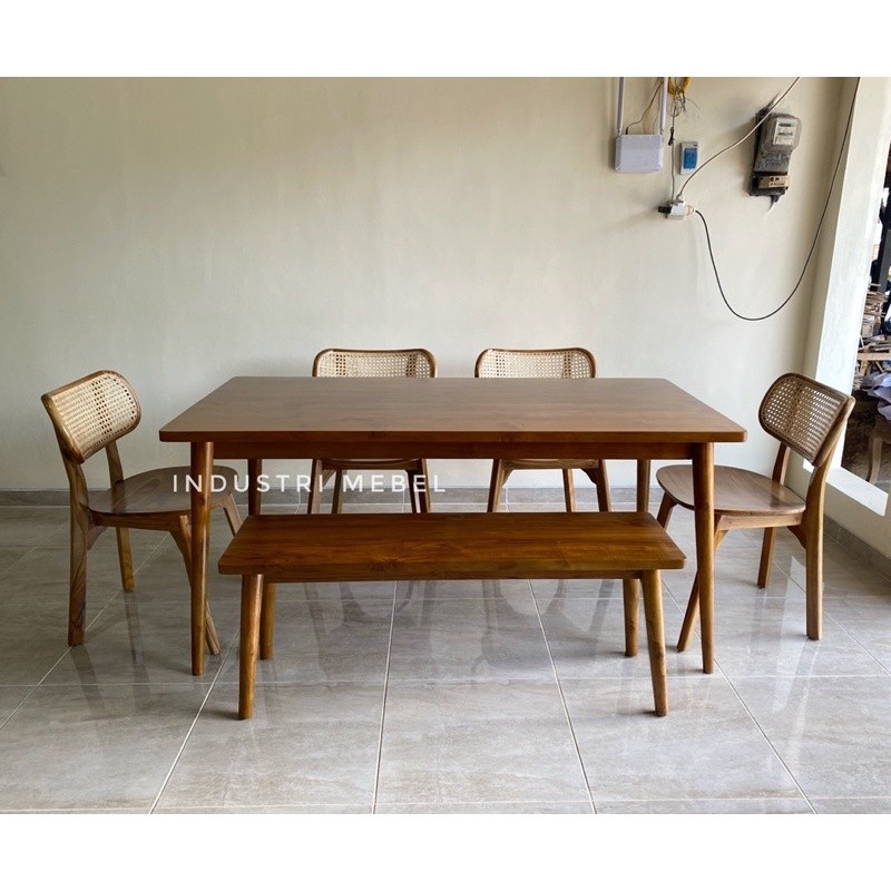 Jual Satu Set Meja Makan Lengkap Kayu Jati Tua Tebak TOP 3cm Solid - Kursi Kacang Rotan - Meja ...