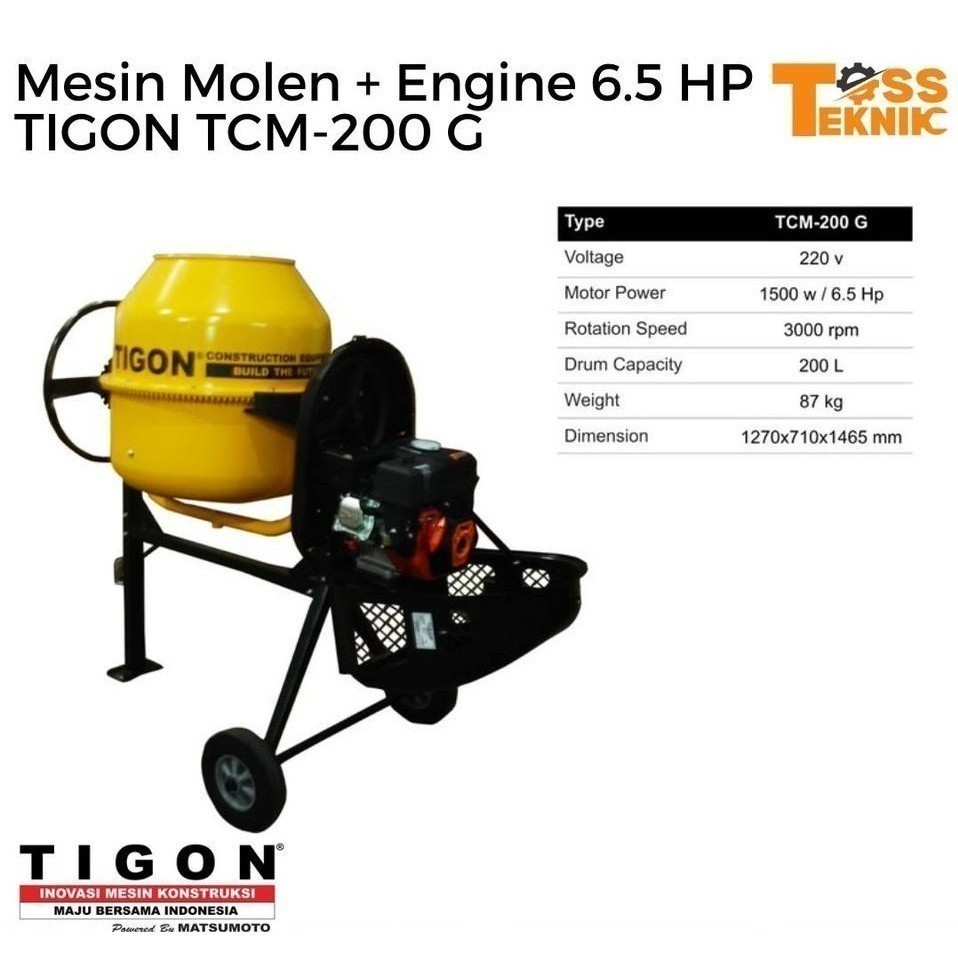 Jual Mesin Molen / Mesin Semen Aduk Molen Beton Tigon 200 Liter TCM-200 G Concrete Mixer ...