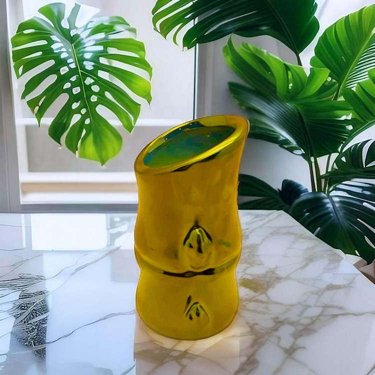 Jual INDOVAS- Vas Pot Keramik Bunga Model Bambu Gold Putih Estetik ...