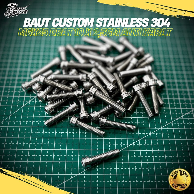 Jual BAUT CUSTOM STAINLESS 304 M6x25 DRAT 10 PANJANG 2,5CM (Harga 1 Pcs) | Shopee Indonesia