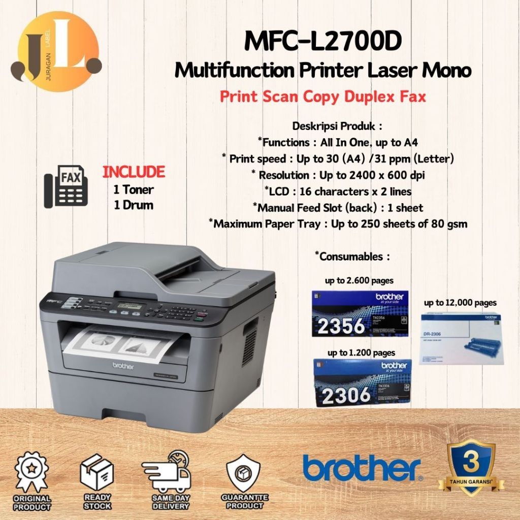 Jual Printer BROTHER MFC-L2700D Laser Mono All In One Duplex Fax L2700D ...