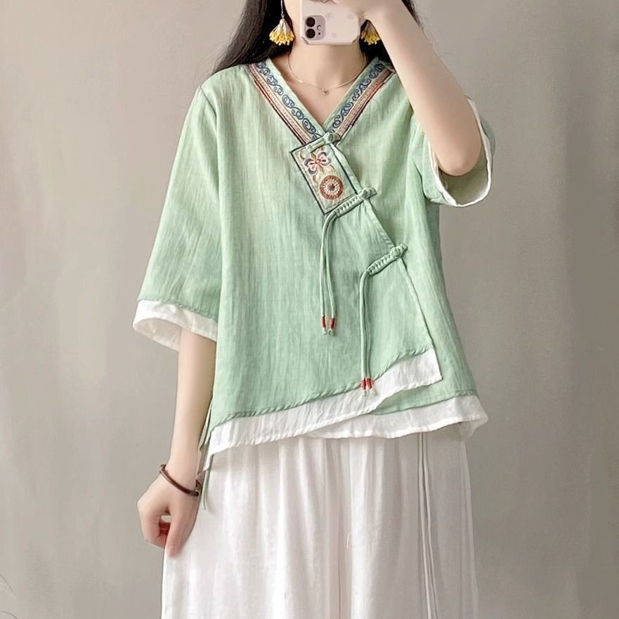 Jual Summer Chinese style retro slanted collar button up shirt cotton ...