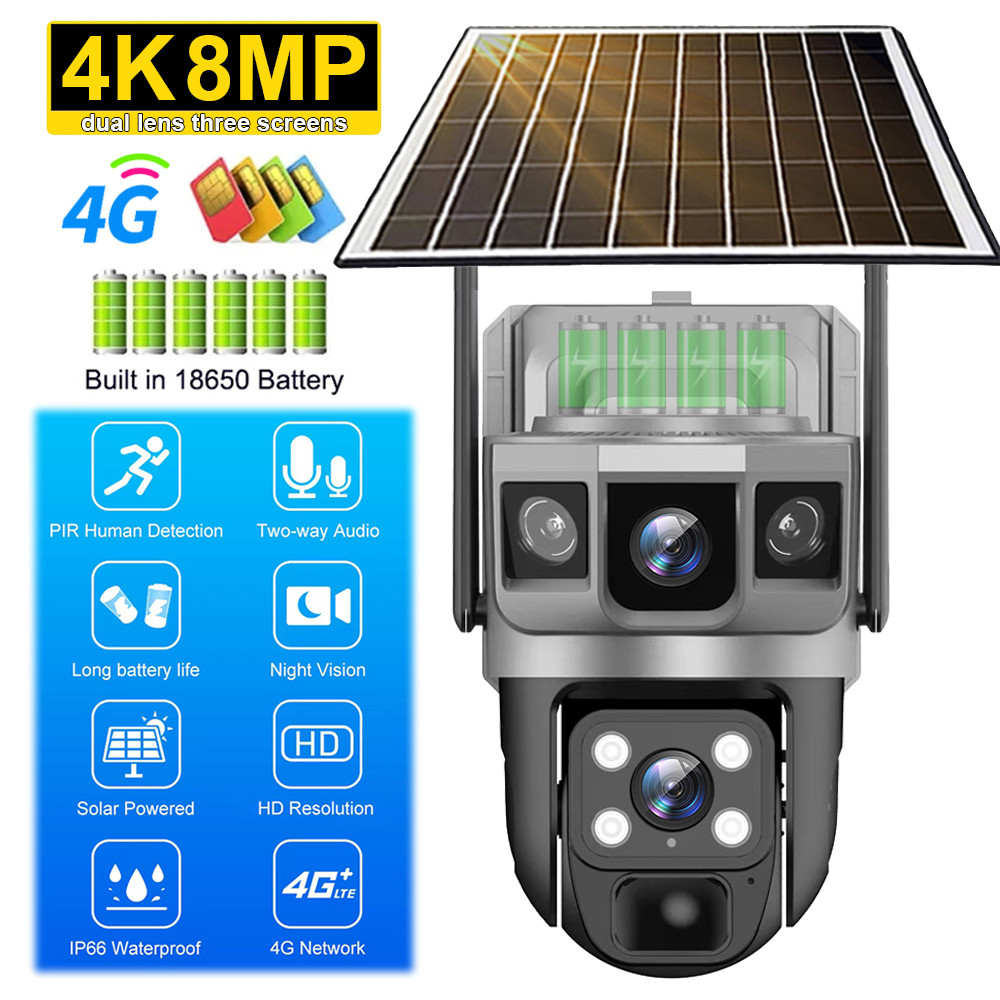 Jual V380 Pro Solar Camera 4G Sim Outdoor Dual Lens Three Screens Webcam PIR Human Detect CCTV ...