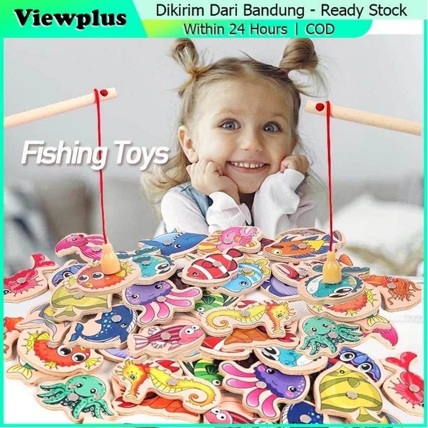 Jual 31Pcs Mainan Anak Pancing Mancing Ikan Magnet Kayu Edukasi Fishing ...