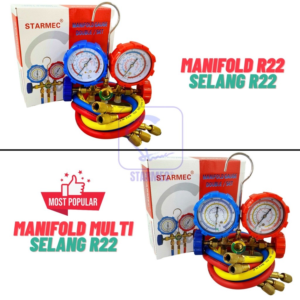 Jual Manifold AC R22 R410 R32 Double + Selang R22 Starmec (Knob Plastik) | Shopee Indonesia