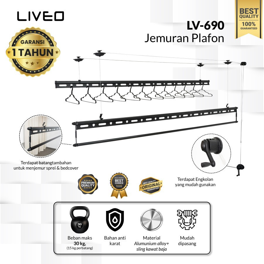 Jual Jemuran Lifting Aluminium 2.4 Meter LV690 Hitam Merk Liveo Jemuran ...