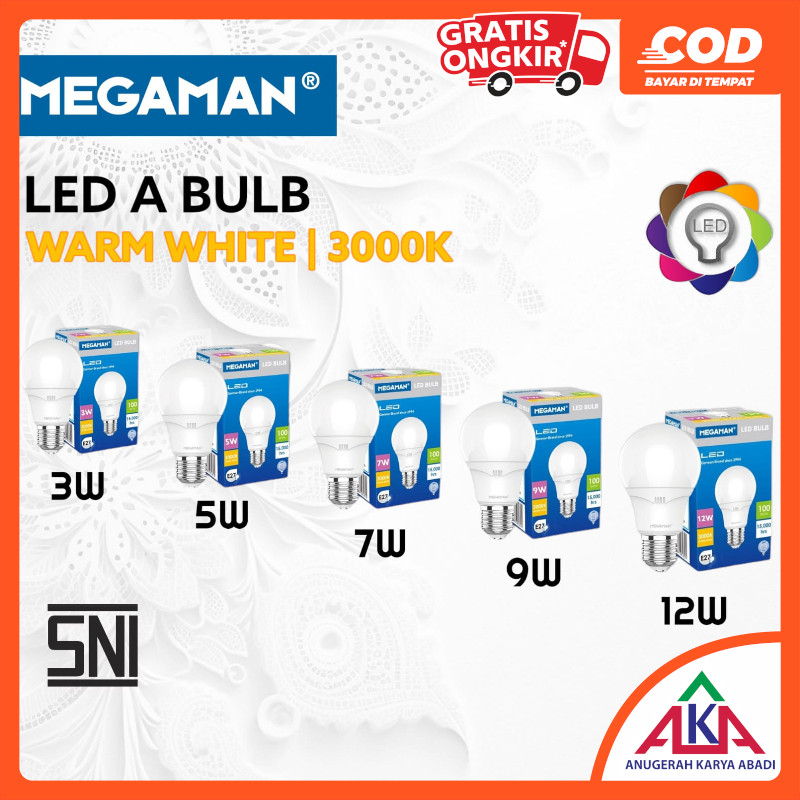 Jual MEGAMAN WARM WHITE Bohlam Lampu LED A Bulb 3 / 5 / 7 / 9 / 12 Watt Cahaya Kuning 3000K ...