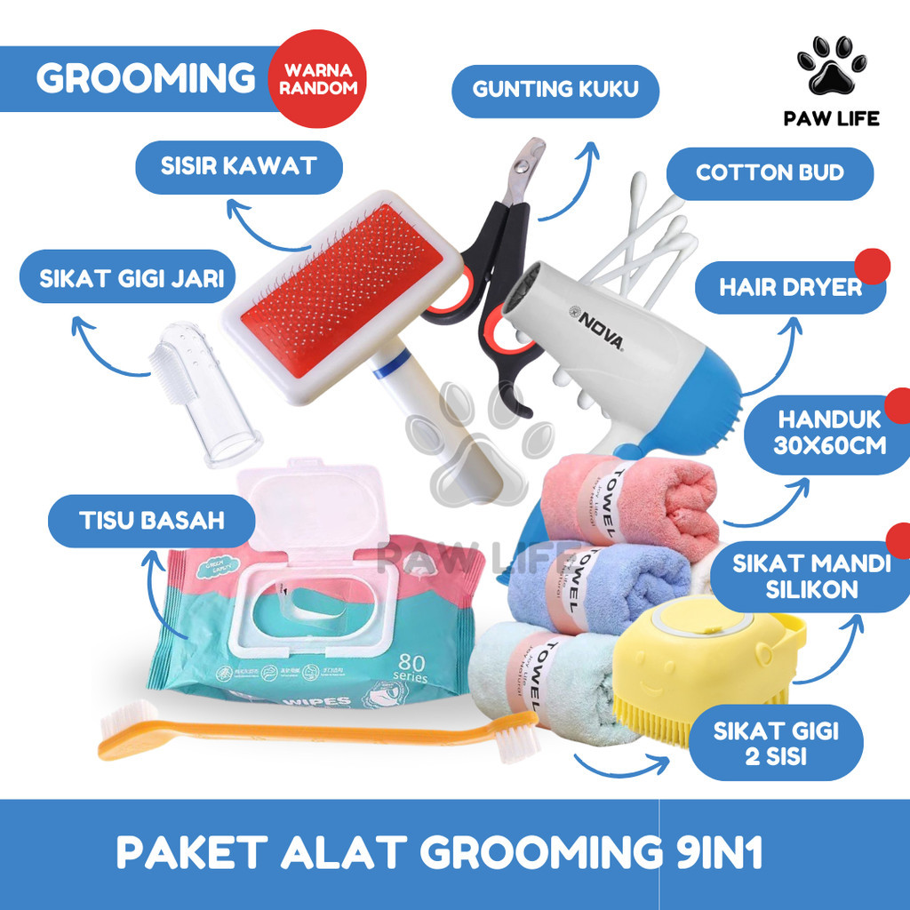 Jual PL 9in1 Paket Alat Grooming Kucing Hewan Peliharaan Tisu Basah ...