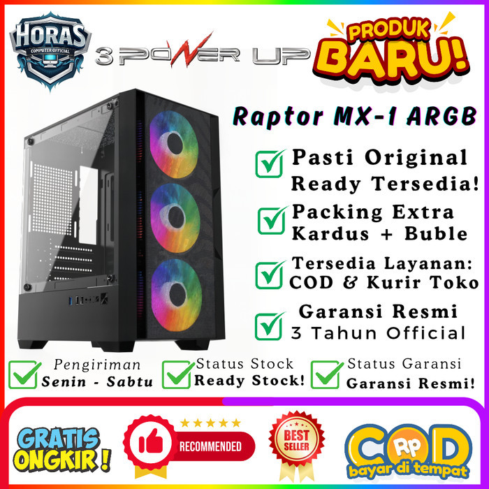 Jual 3 Power UP RAPTOR MX1 RGB USB 3.0 Micro ATX + FAN 3 RGB Black | Shopee Indonesia