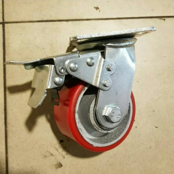 Jual Roda Troli Pu Merah Heavy Duty 4 inch Rem | Shopee Indonesia