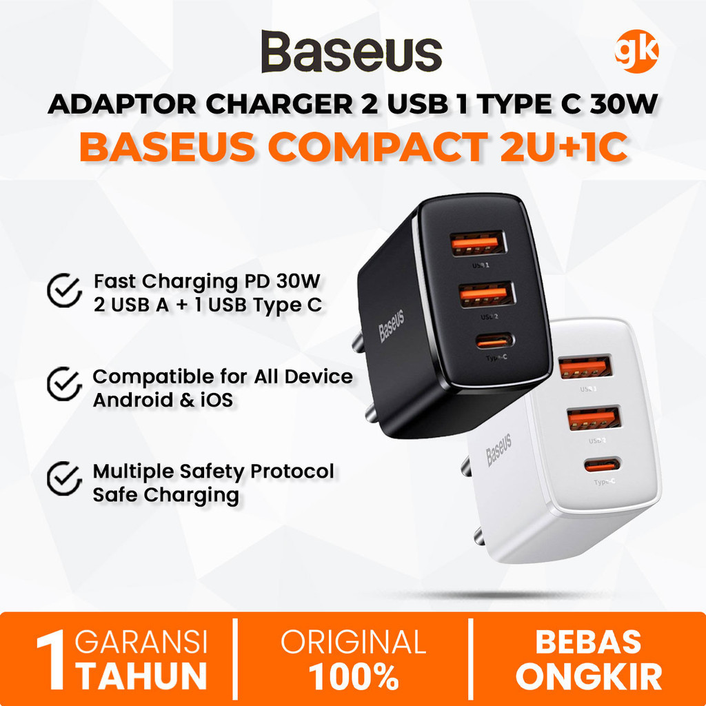Jual BASEUS Compact Adaptor Fast Charging PD 30W 20W Quick Charger 2 ...