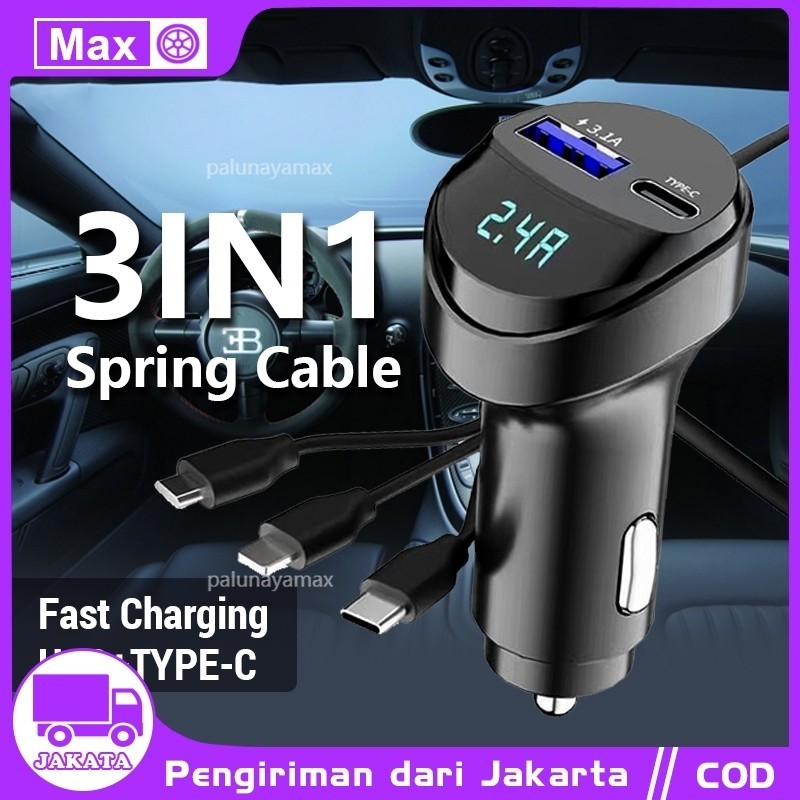 Jual Charger Mobil Fast Charging 3.1A USB+TYPE-C Car Charger with 3IN1 ...