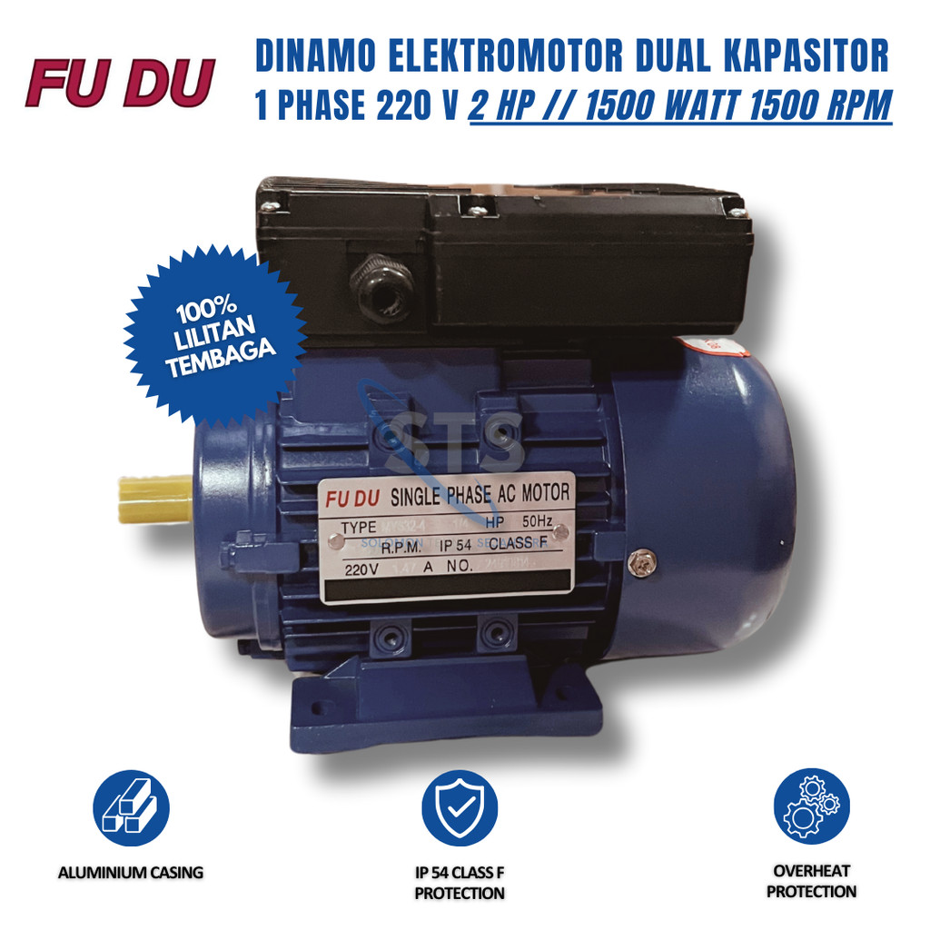 Jual STS | FUDU Dinamo Elektro Motor 2 HP 1500 Watt 1500 RPM 1 Phase 220 V Body Aluminium - Dual ...