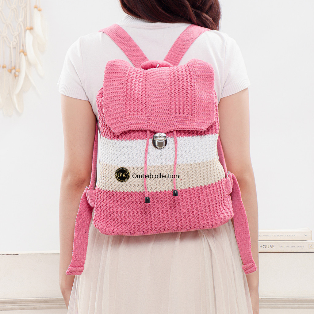 Jual Tas rajut wanita ransel salur dua warna korean style aesthetic ...