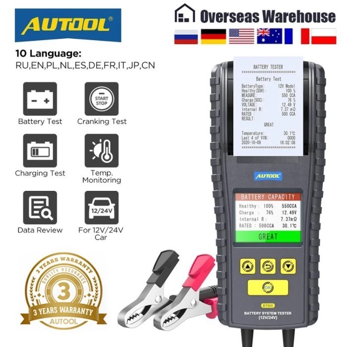 Jual Car Battery Tester AUTOOL BT-860 w Printer Accu Batery Crank Aki ...