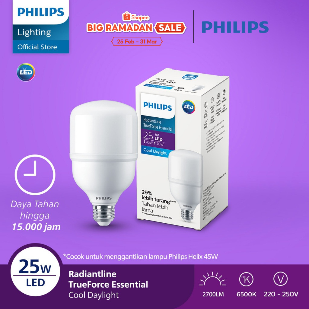 Jual Lampu Philips Radiantline TrueForce Essential E27 6500K putih 20W, 25W, 30W, 40W | Shopee ...