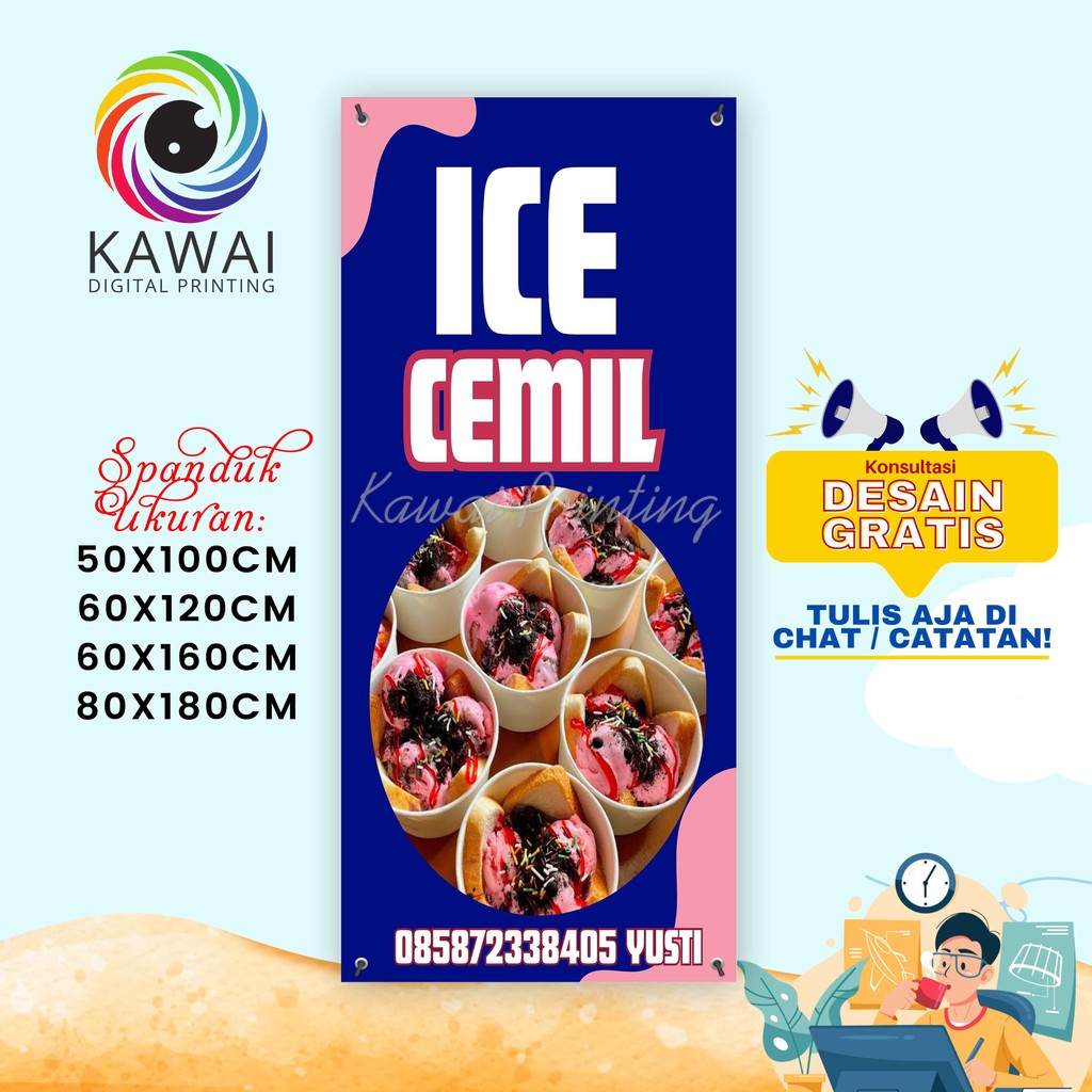 Jual Spanduk Banner MMT Ice Cemil Biru Pink Ukuran 60x160 | Shopee ...