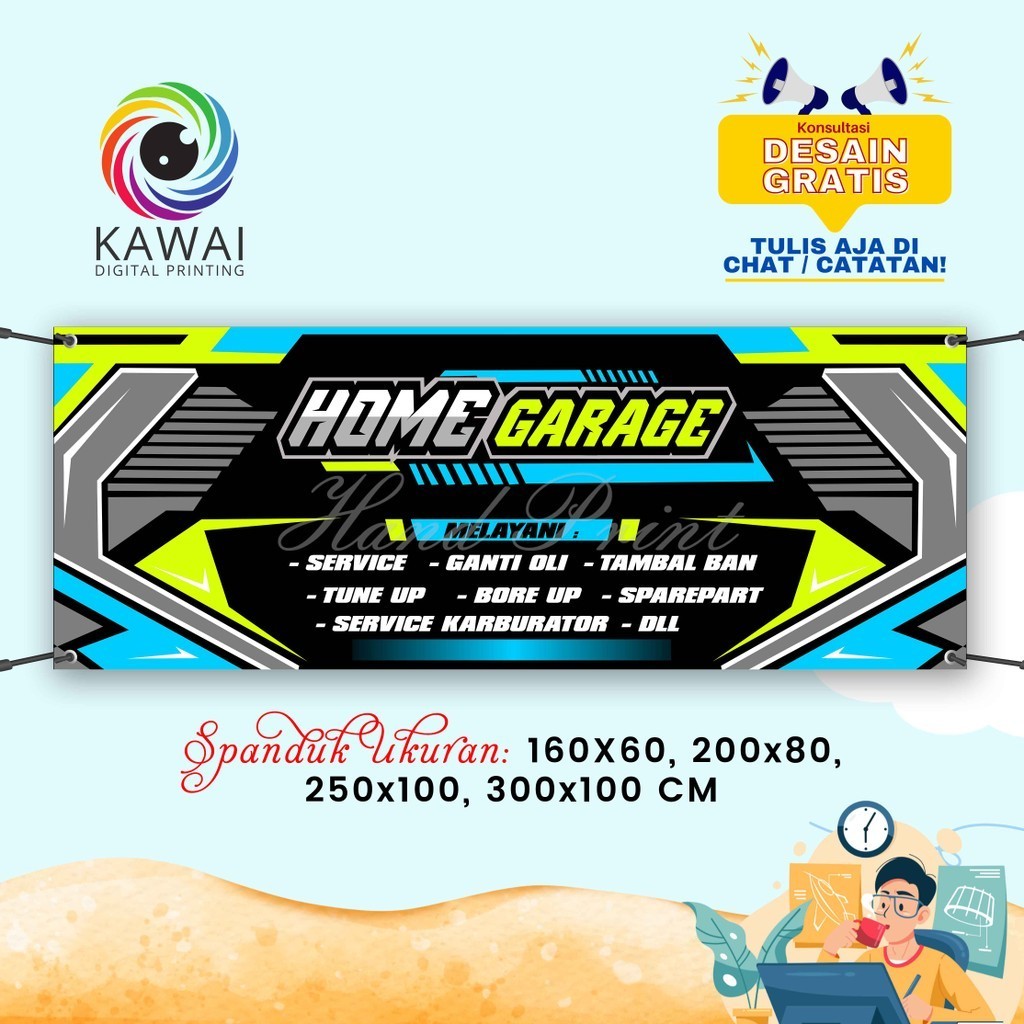 Jual Spanduk Banner MMT Bengkel Home Garage biru Kuning Hitam Bisa ...
