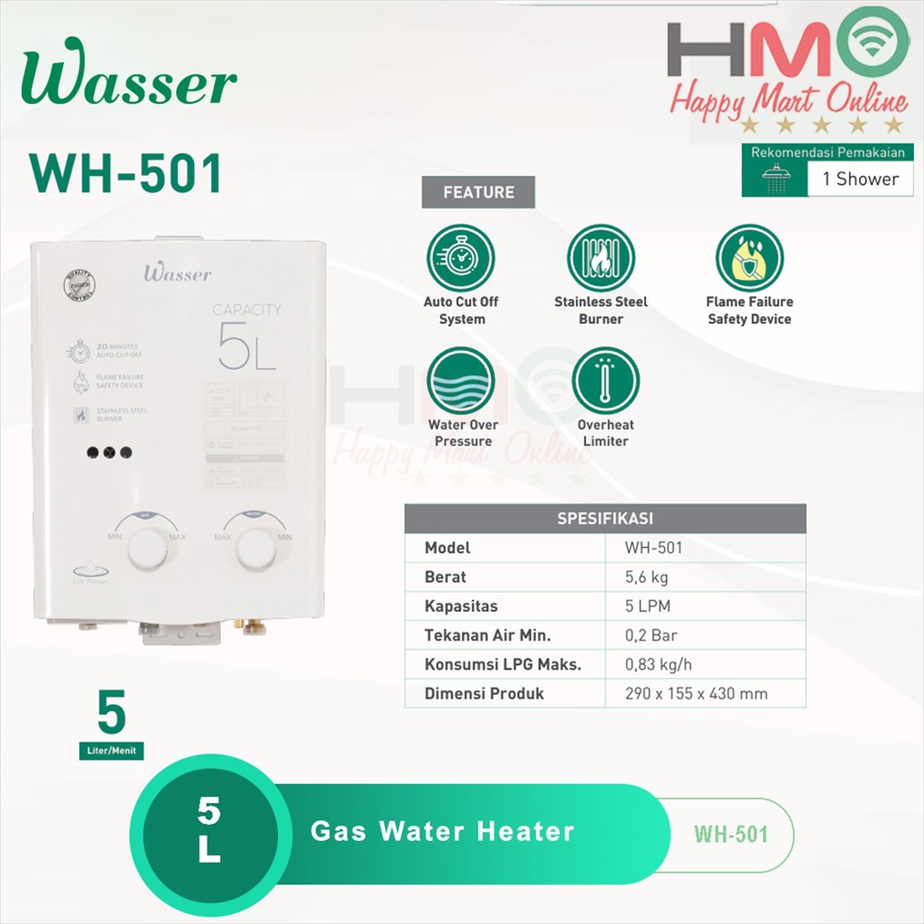 Jual Wasser Water Heater Gas LPG WH-501A Pemanas Air Gas Wasser WH 501 A | Shopee Indonesia