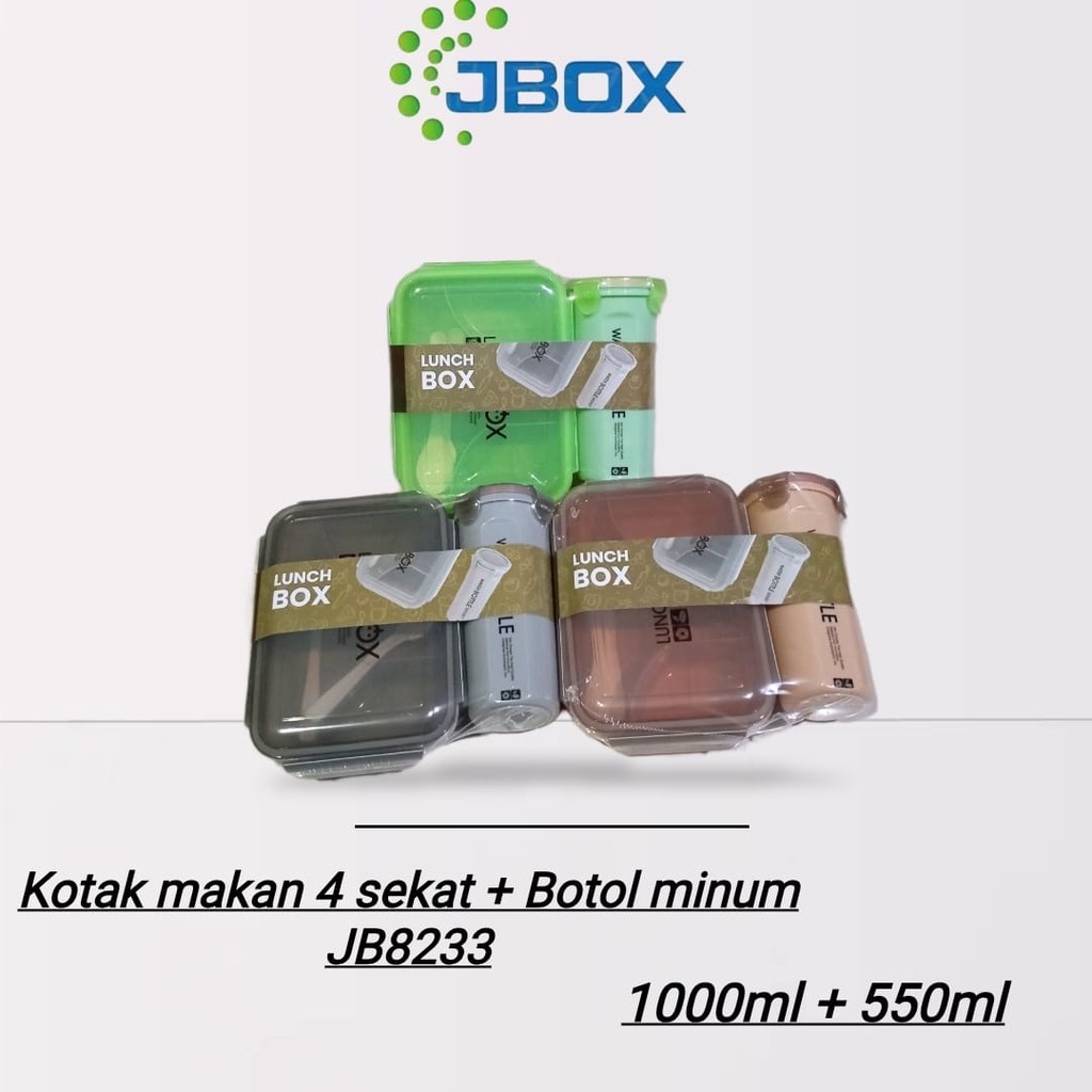 Jual JBOX JB8233 Kotak Makan 1000ml 4 Sekat + Botol Minum Set 500ml Free Sendok dan Garpu ...