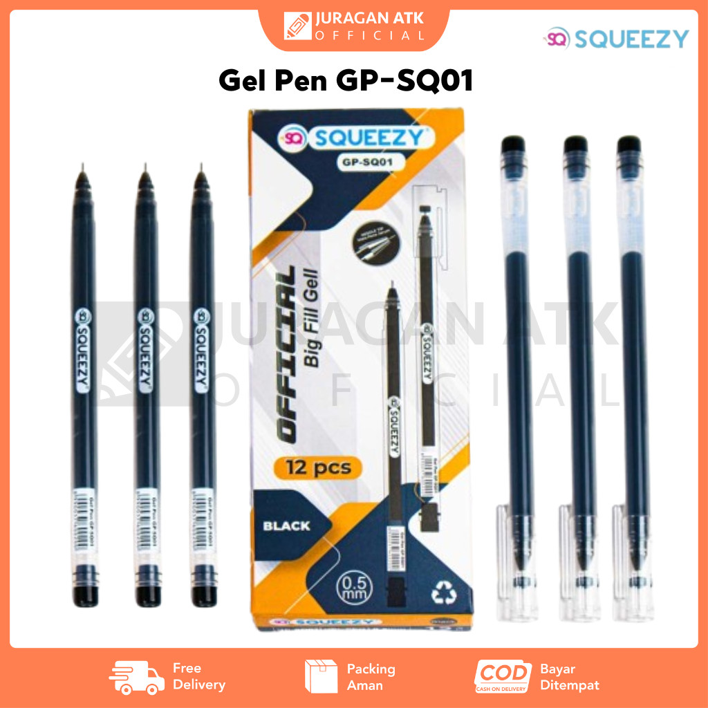 Jual Pulpen Gel SQUEEZY 0.5mm Hitam GP-SQ01 - (1 Pack Isi 12Pcs) | Shopee Indonesia