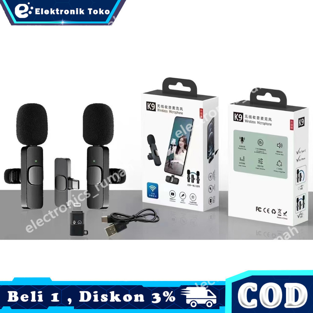 Jual Mic Clip On Mikrofon Wireless 1 & 2 Microphone K8 1 Mic Type C USB & Lightning K9 Type C 2 ...