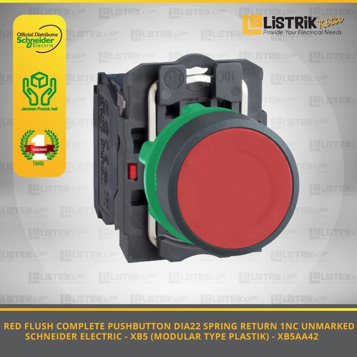 Jual PUSHBUTTON RED FLUSH COMPLETE XB5 SCHNEIDER ELECTRIC DIA22 SPRING RETURN 1NC UNMARKED ...